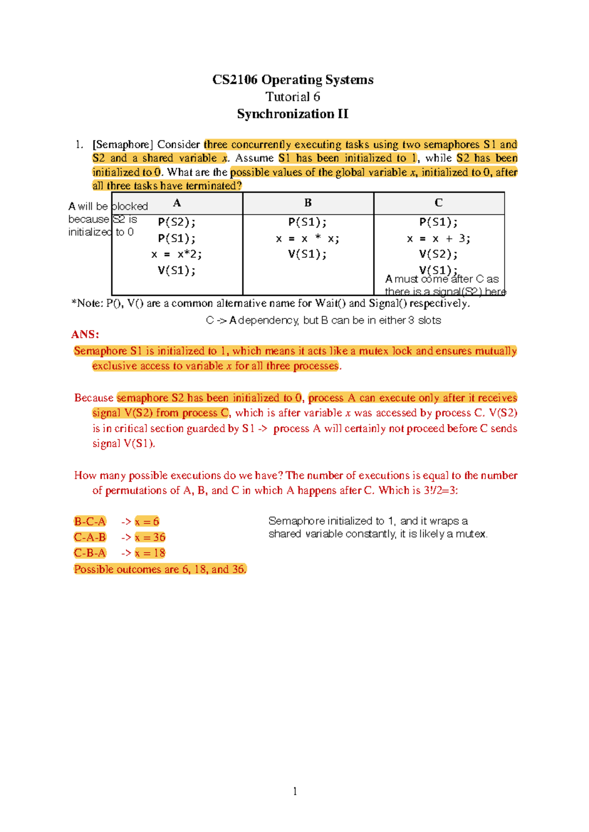 CS2106 Tutorial 6 Answers on Synchronization Concepts - Studocu