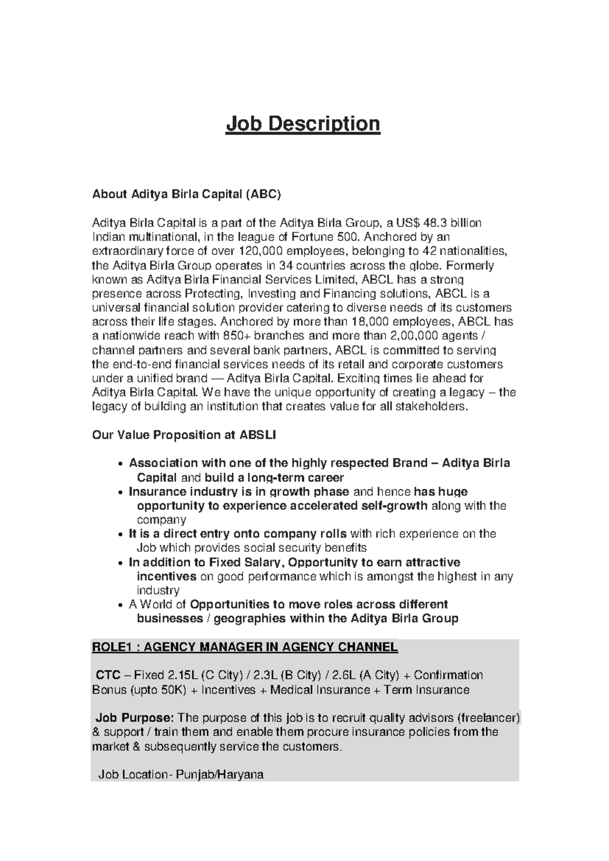 Job Description for Agency Manager & Customer Service Exec - ABC - Studocu