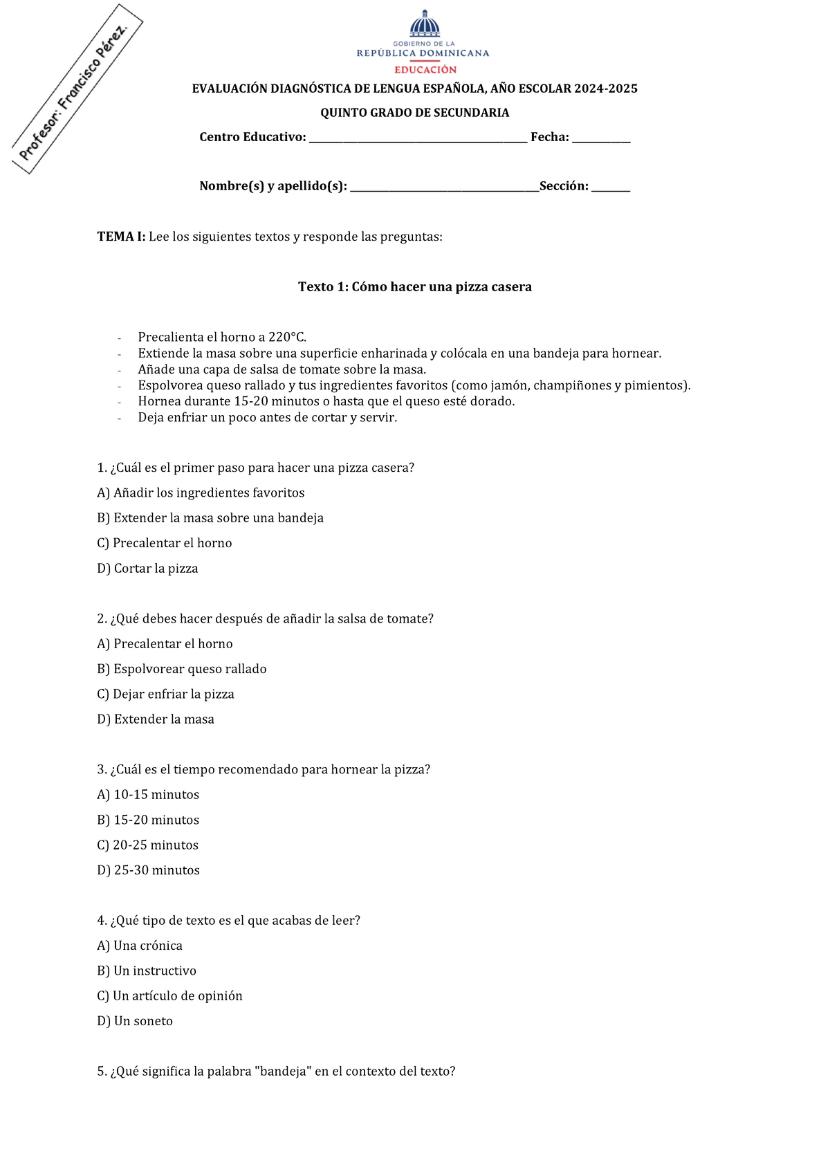 Evaluación Diagnóstica Lengua Española 3RO - Año Escolar 2021-2022 ...