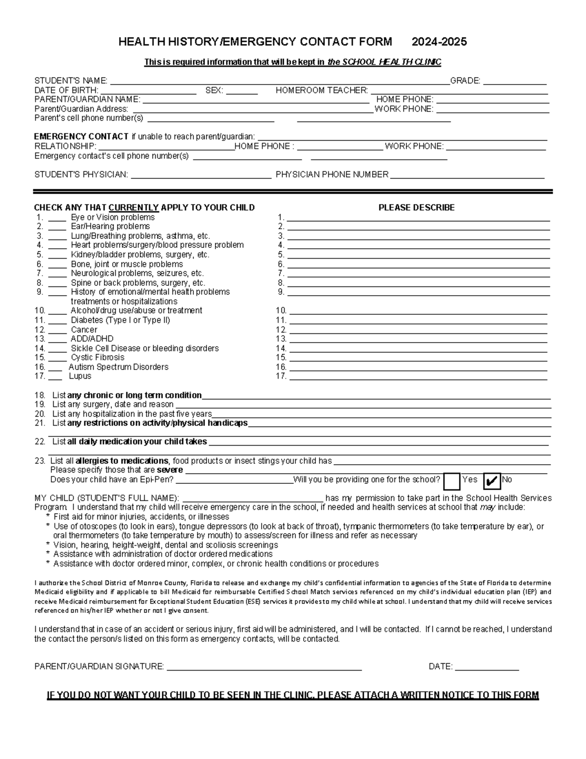 English - HHEE Form 2024-2025 - HEALTH HISTORY/EMERGENCY CONTACT FORM ...