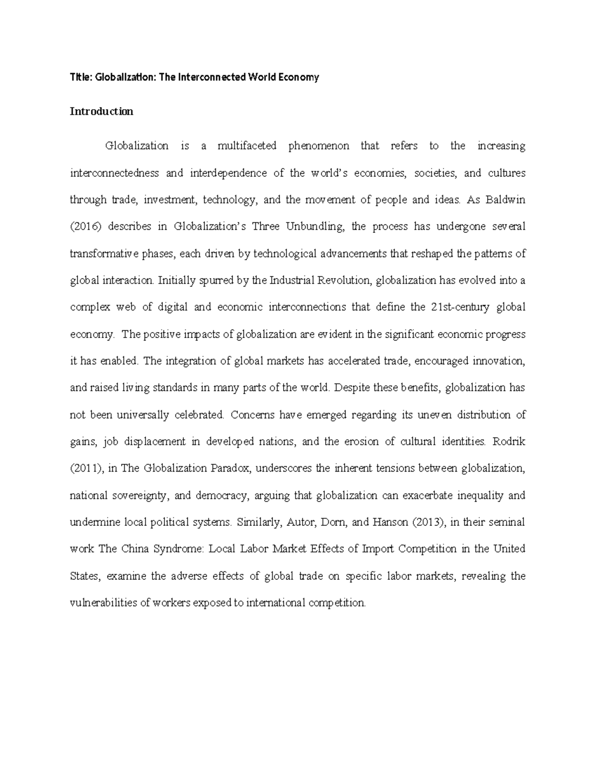 Research - N/A - Title: Globalization: The Interconnected World Economy ...
