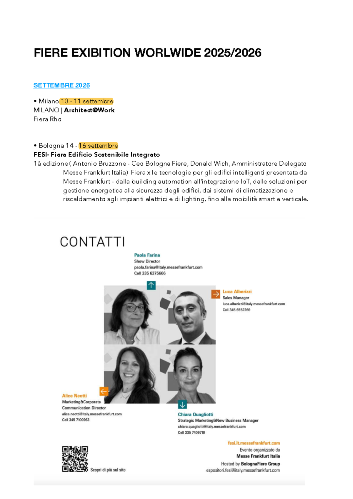 FIERE 2025-2026: Elenco Eventi Internazionali e Location - Studocu