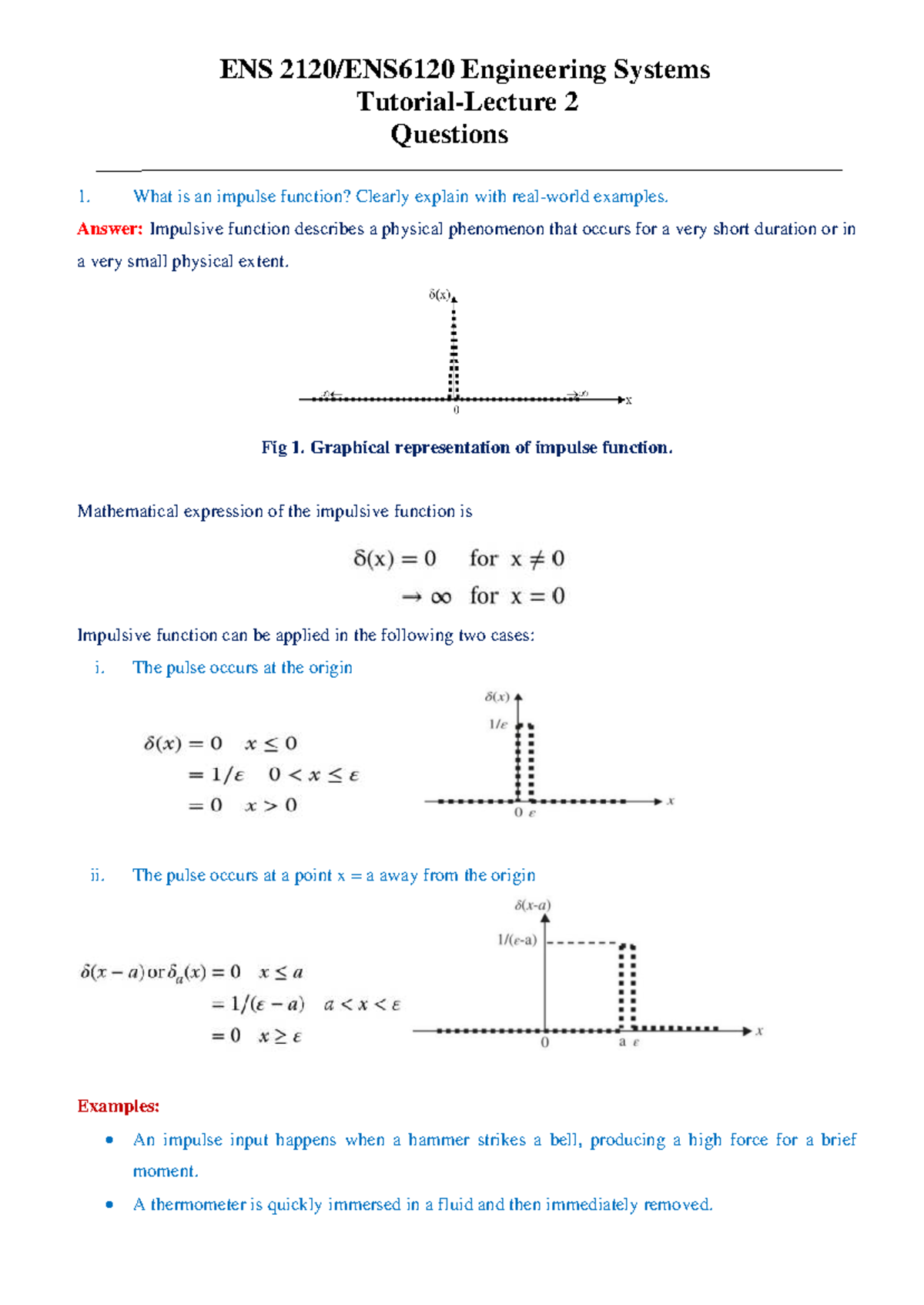 ENS Engineering Systems 2: Tutorial on Impulse and Step Functions - Studocu