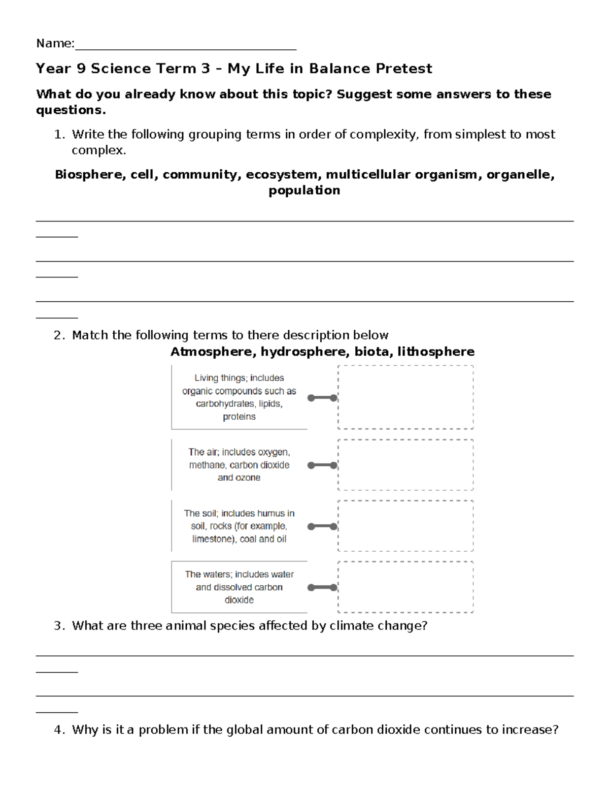 Year 9 Science Term 3: My Life in Balance Pretest - Studocu