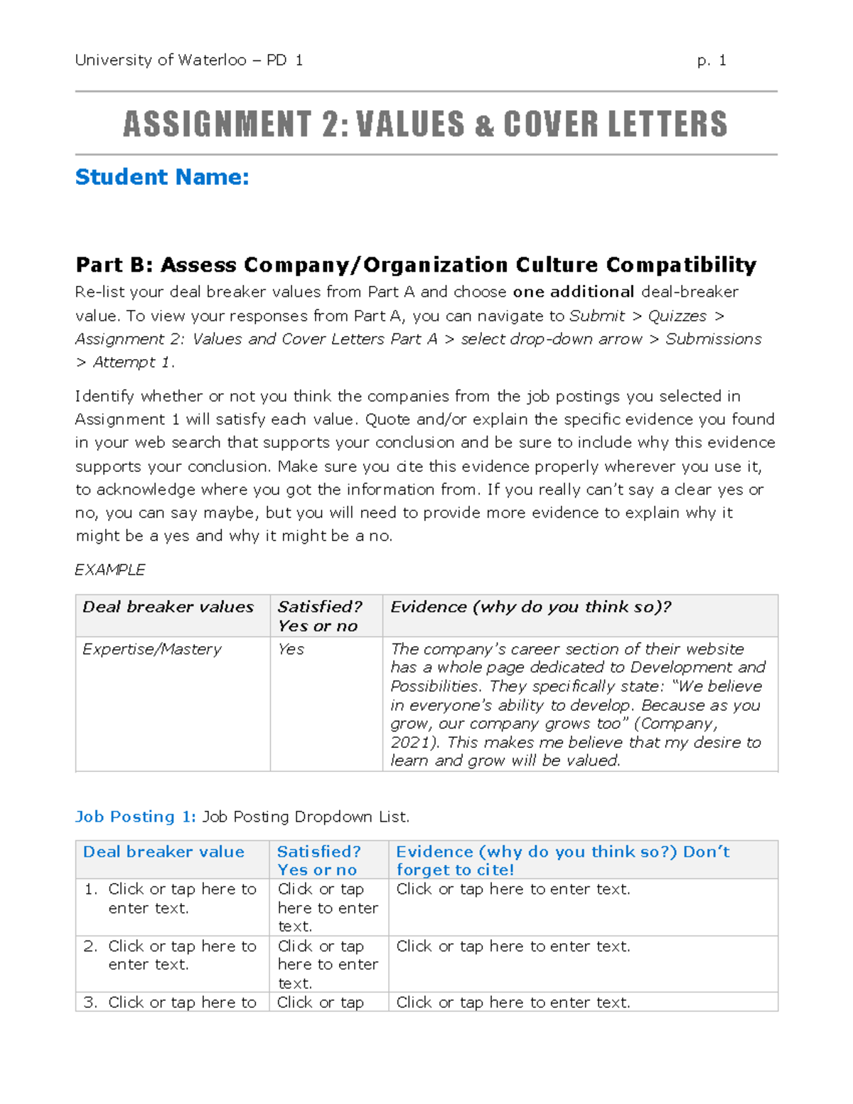University of Waterloo PD 1: Assignment 2 - Values & Cover Letters ...