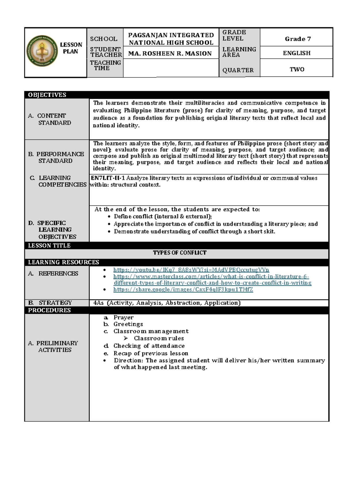 Types of Conflict Lesson Plan for Grade 7 - MA. Rosheen R. Masion - Studocu