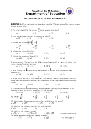 SEOND QUARTER TEST IN MATH - SECOND PERIODICAL TEST IN MATHEMATICS 8 ...