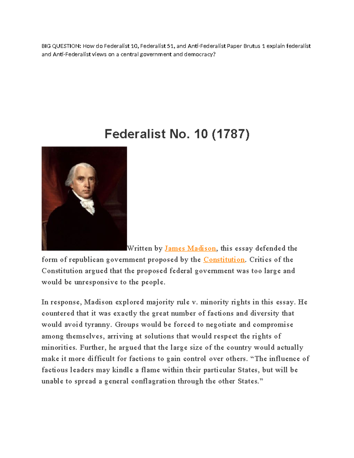 Federalist 10, 51 & Brutus 1: Examining Central Gov. & Democracy - Studocu