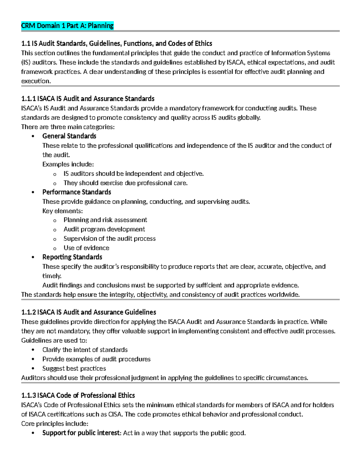 CRM Domain 1 Part A: IS Audit Standards and Ethics Overview - Studocu