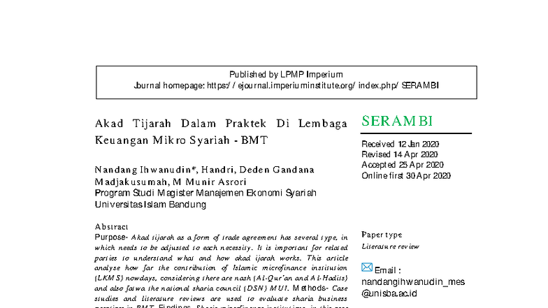 Akad Tijarah dalam Praktek di Lembaga Keuangan Mikro Syariah BMT - Studocu