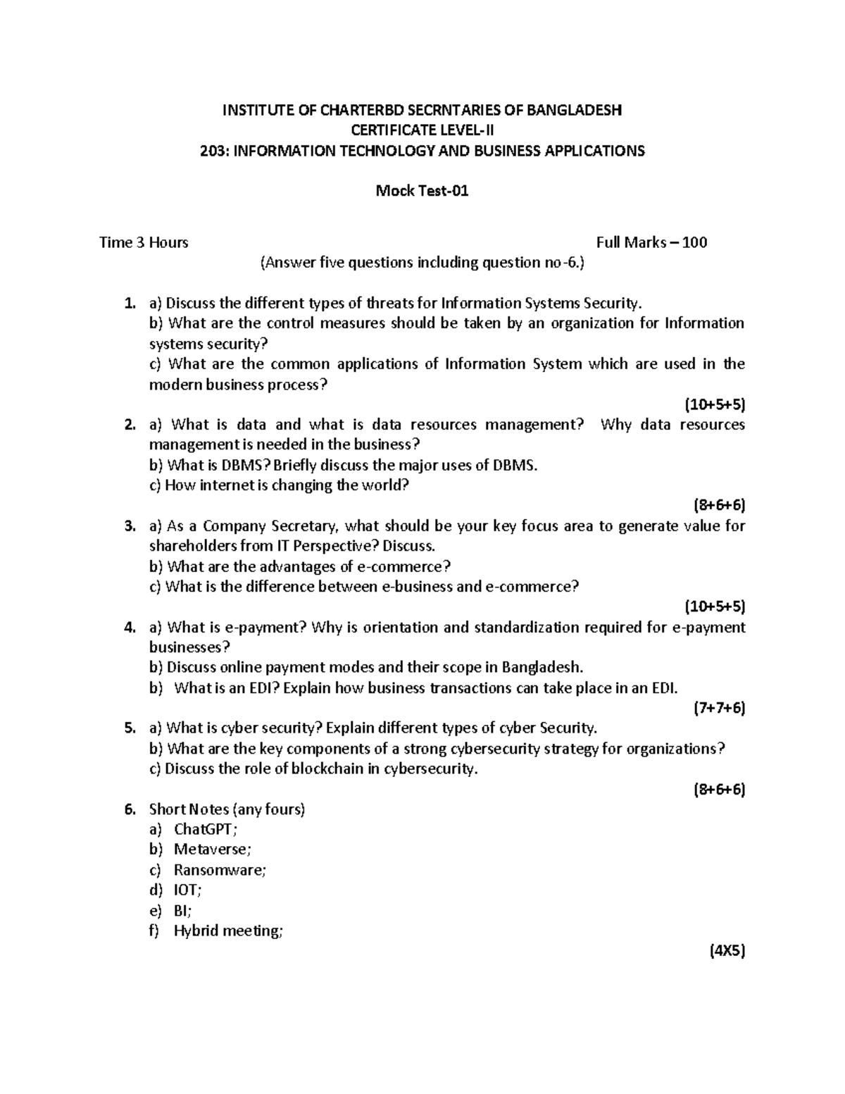 ICSB 203: IT & Business Applications Mock Test 3 with Solutions - Studocu