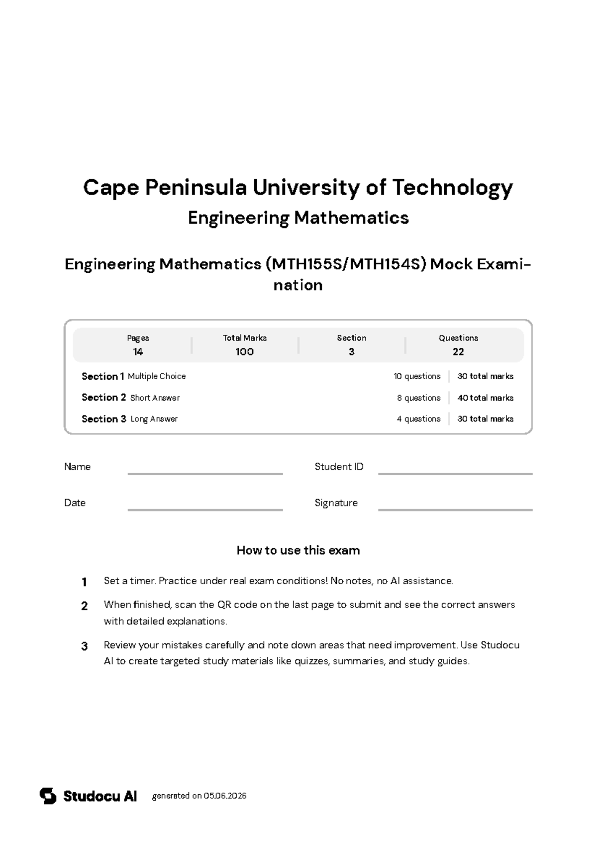 MTH155S/MTH154S Engineering Mathematics Mock Exam - Studocu