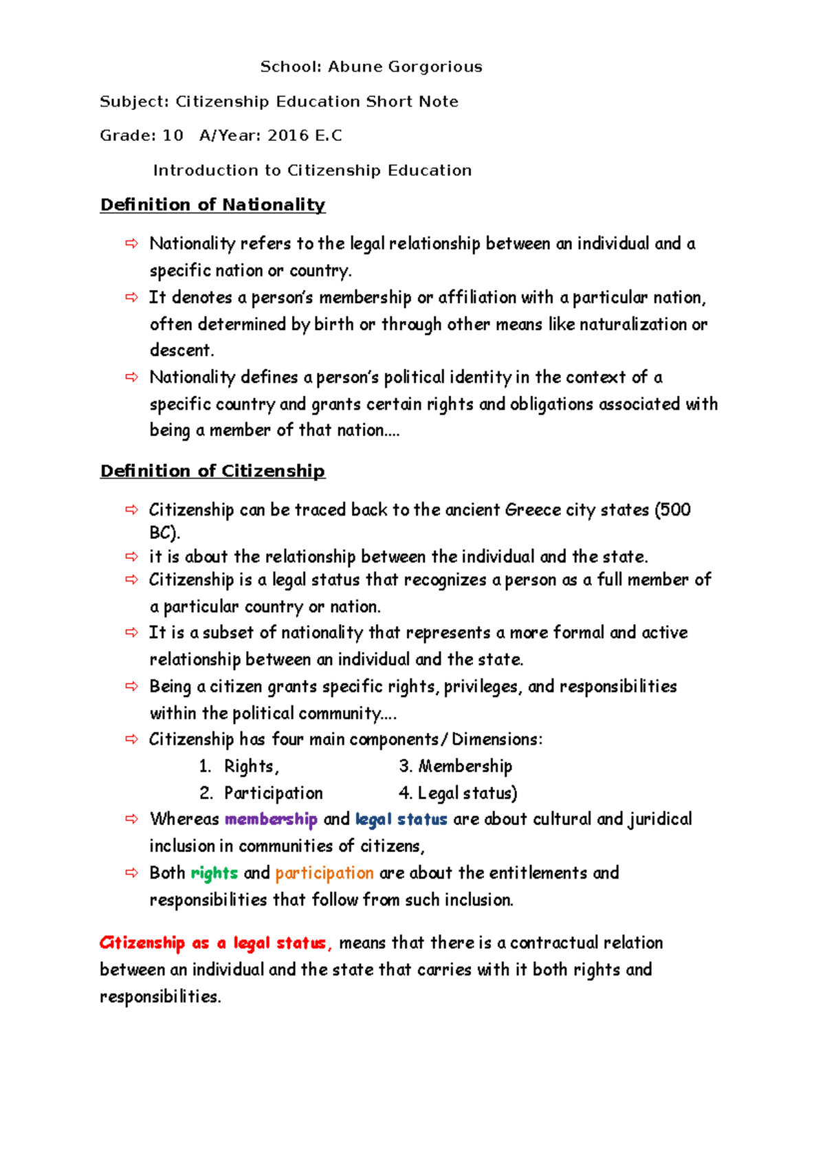 Citizenship Education Short Note for Grade 10 (C.SHIP G10) - Studocu