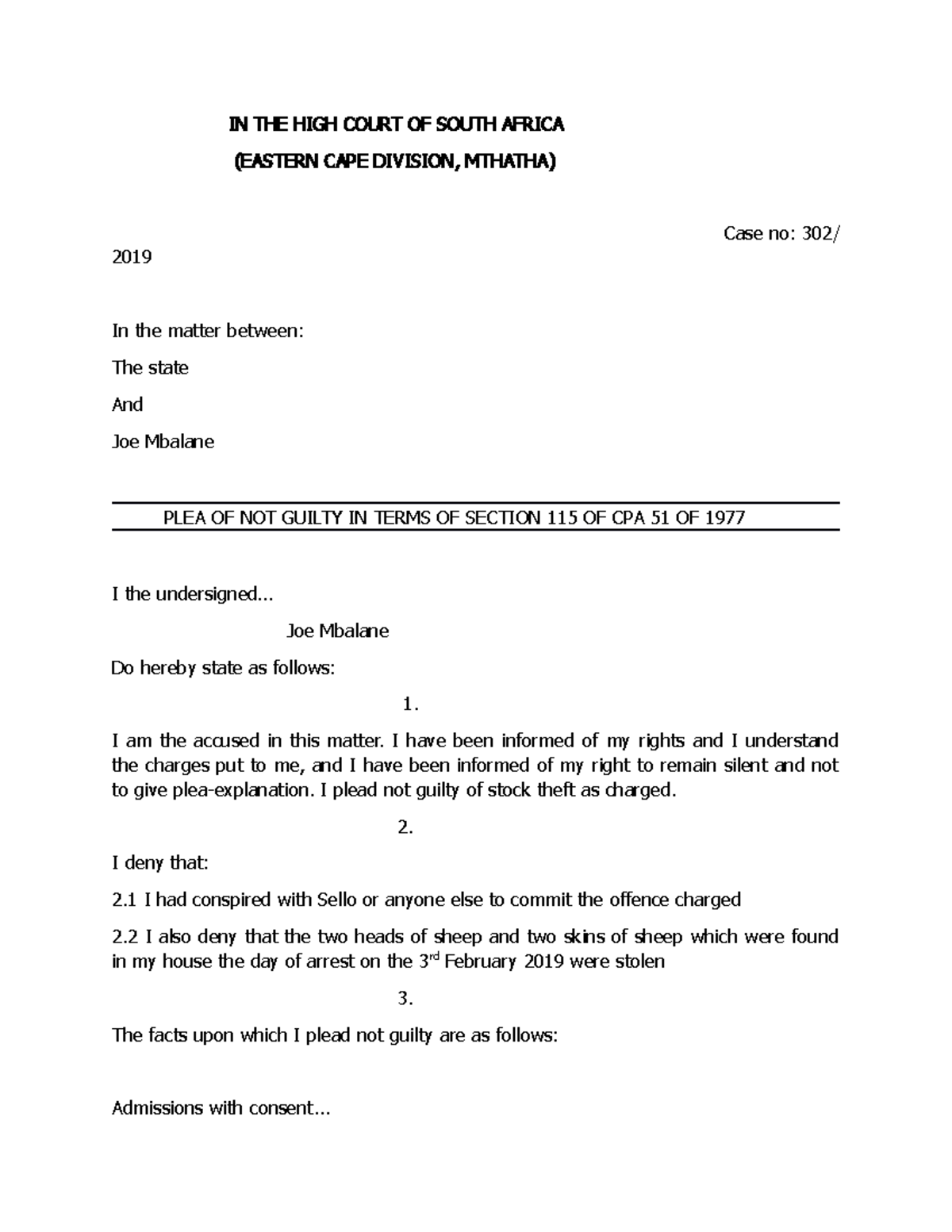 Plea of Not Guilty Template - Criminal Procedure B (CPA3 3 M 2) - Studocu