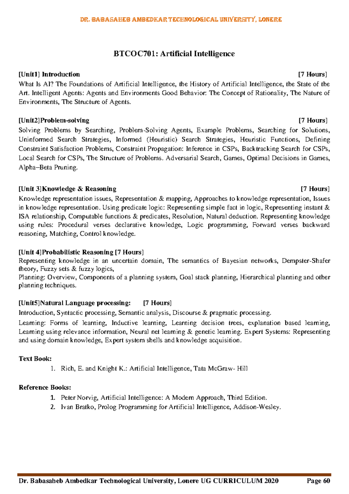 Artificial Intelligence Curriculum - BTCOC701 Overview and Units - DR ...