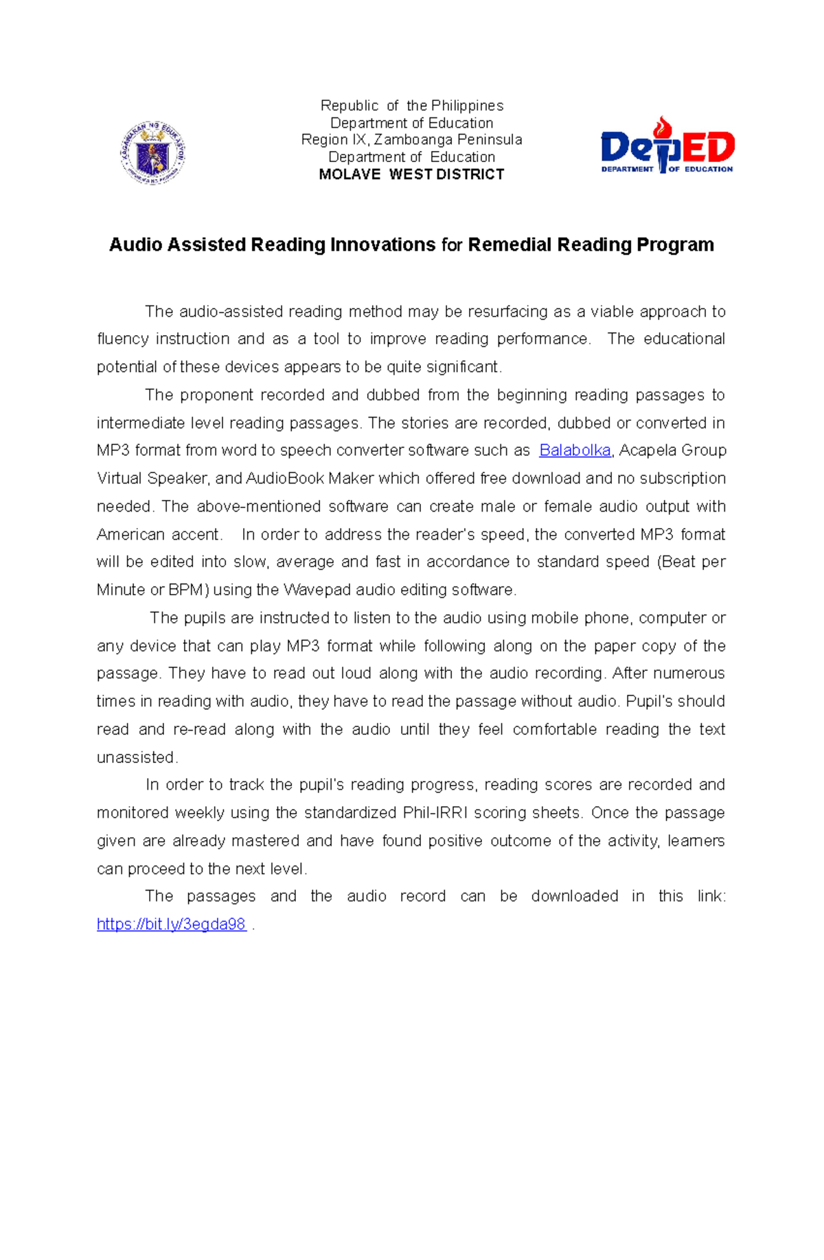 Audio Assisted Reading Innovations for Remedial Reading Program - The ...