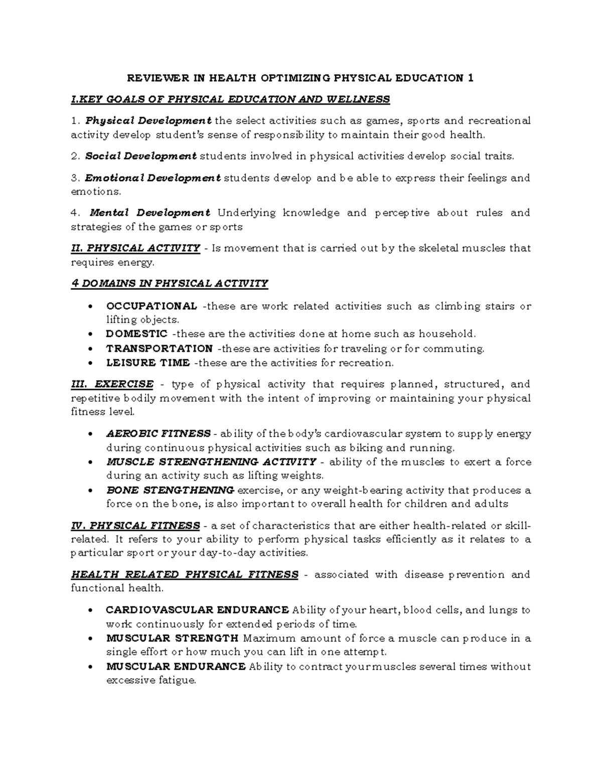 HOPE 1 1st Quarter Comprehensive Reviewer on Physical Education - Studocu