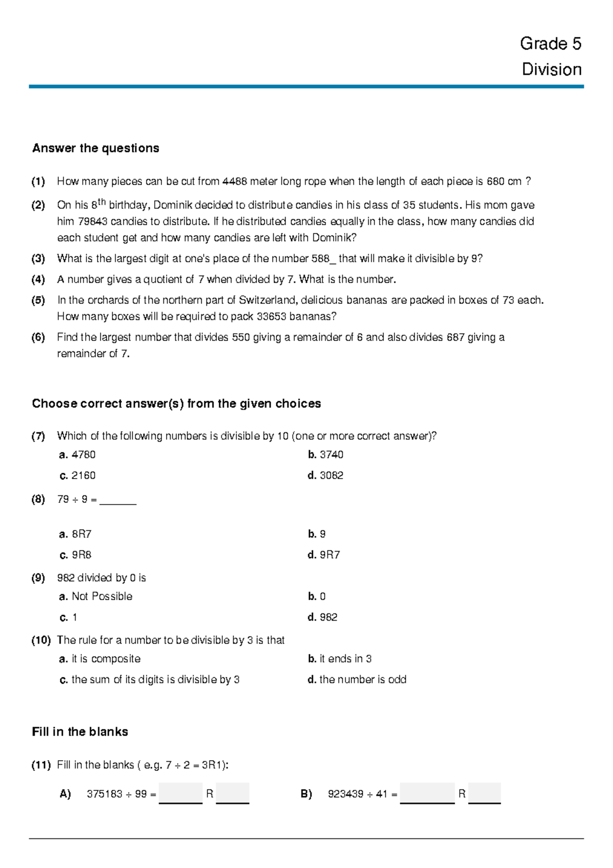 Grade 5 Math Division Practice Questions and Answers - Studocu
