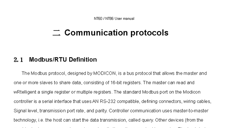 NT60 NT86 User Manual: Communication Protocols Overview - Studocu