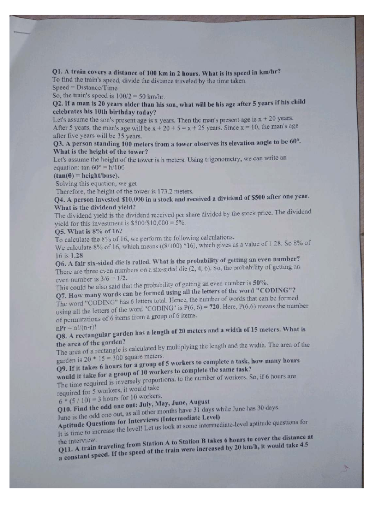 Aptitude Questions and Answers (Intermediate Level) - Studocu