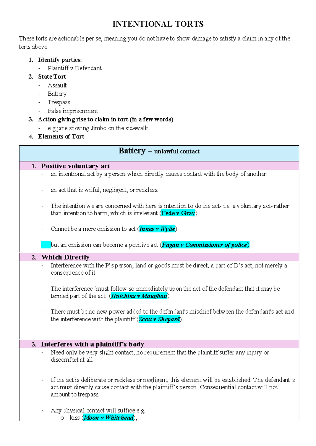 INTENTIONAL TORTS: Battery and Related Torts Overview - Studocu