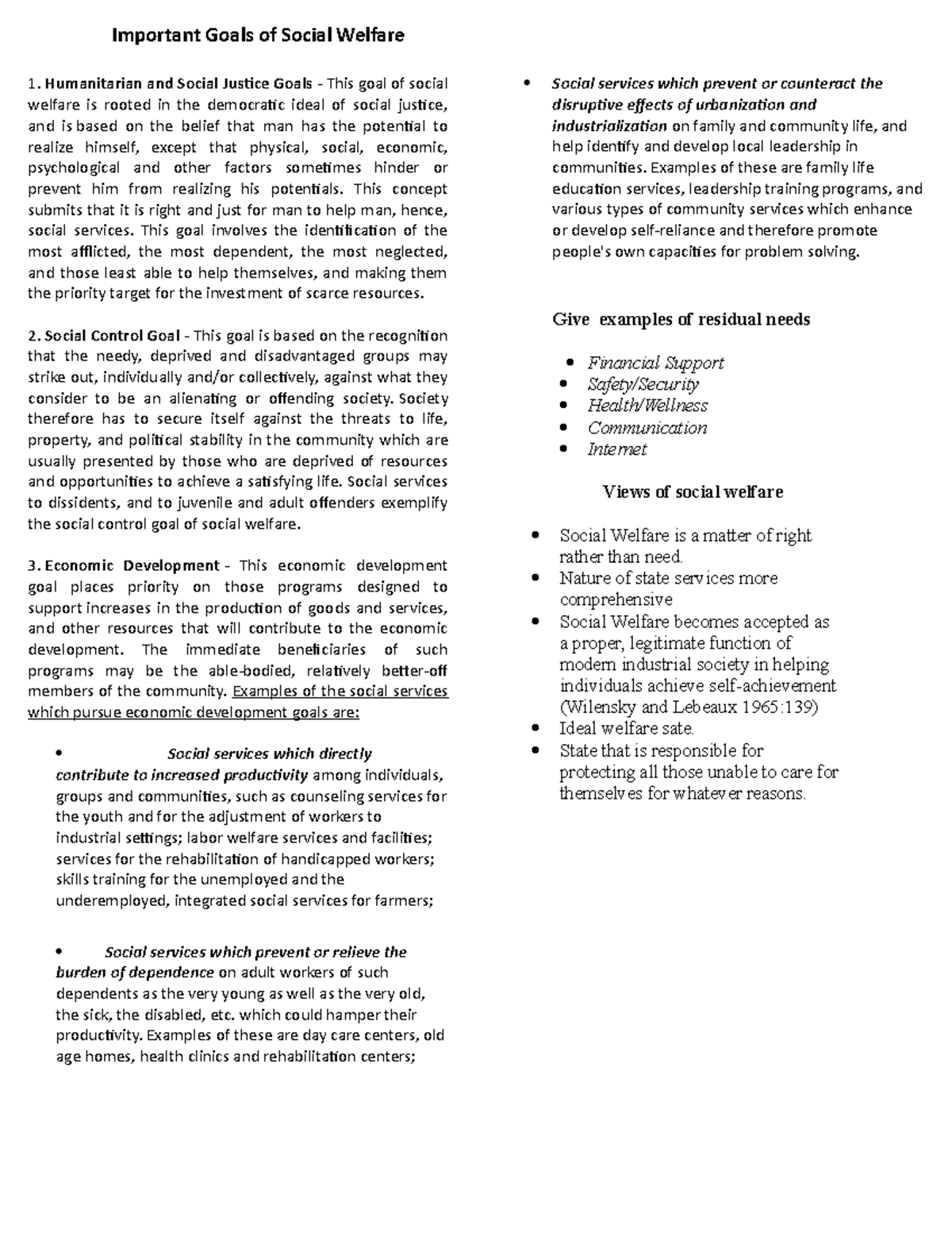 Goals of Social Welfare: Humanitarian, Control, & Economic Dev. - Studocu