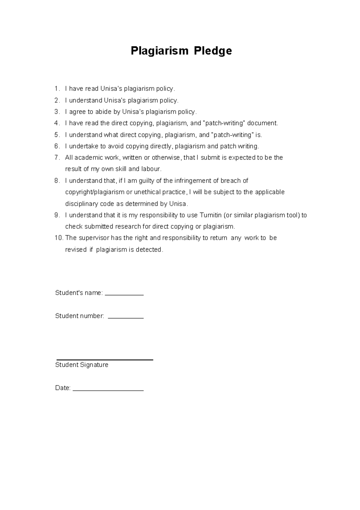 Plagiarism Pledge Acknowledgment - UNISA - Studocu