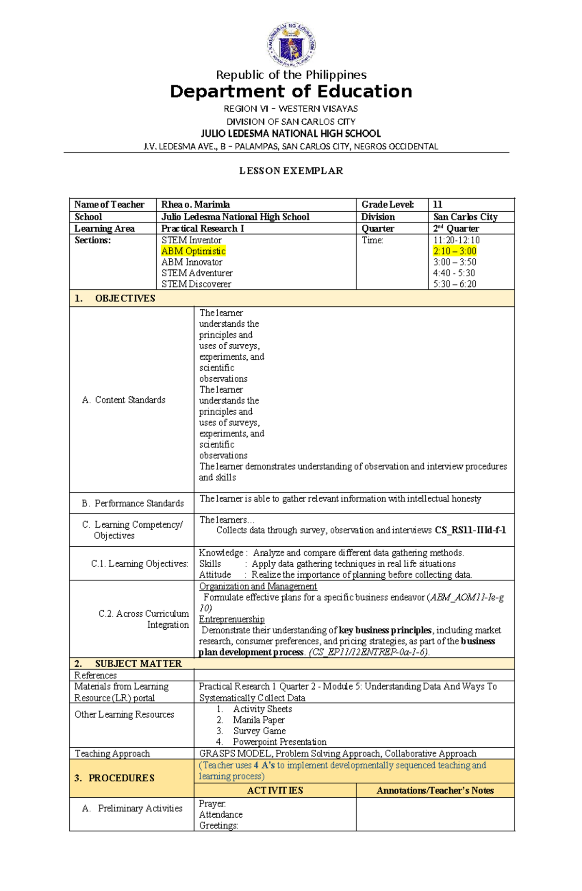 COT-2025 Lesson Exemplar: Data Gathering Techniques in Practical ...