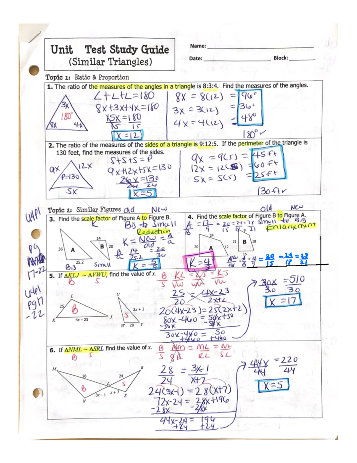 Unit 4 Study Guide 2024: Similar Triangles and Proportional Parts - Studocu