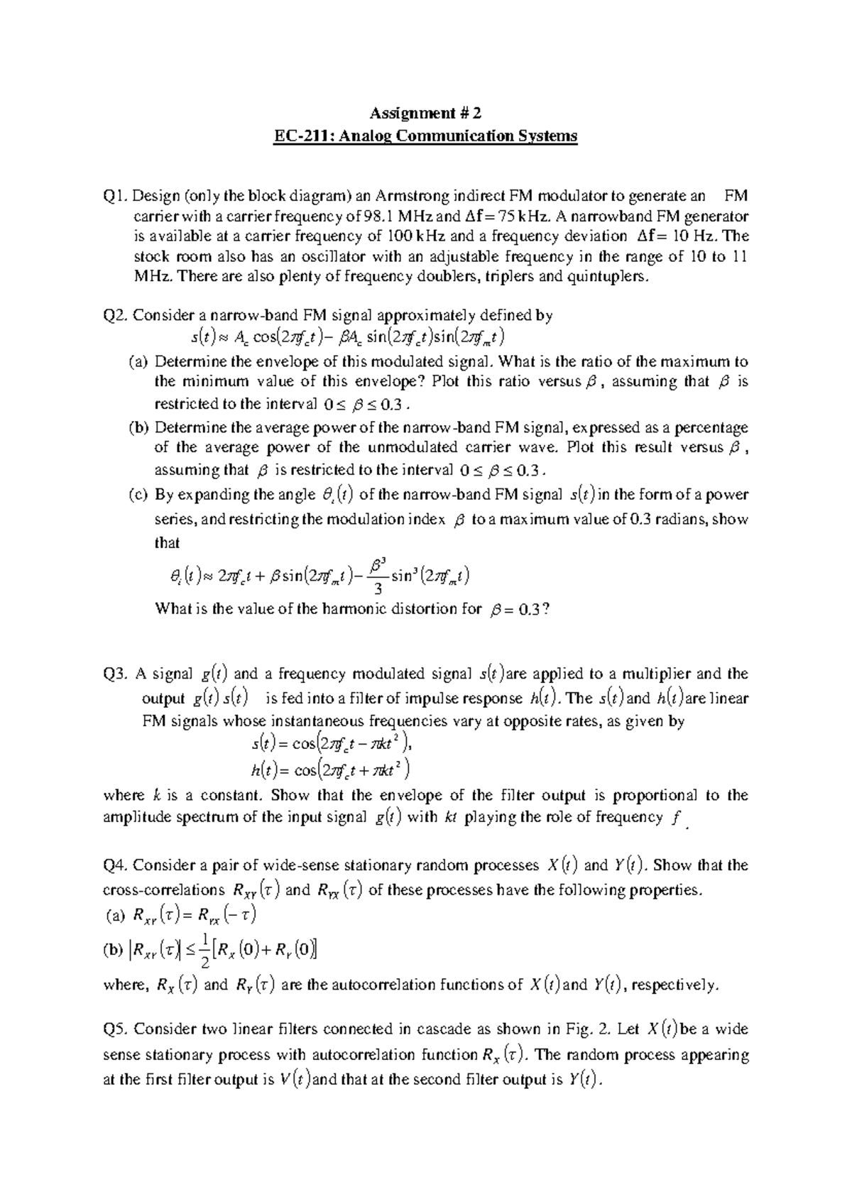 EC-211: FM Modulation and Stochastic Processes Assignment #2 - Studocu