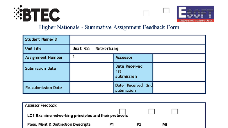 BTEC HND Computing Unit 2: Networking Assignment Feedback Form - Studocu