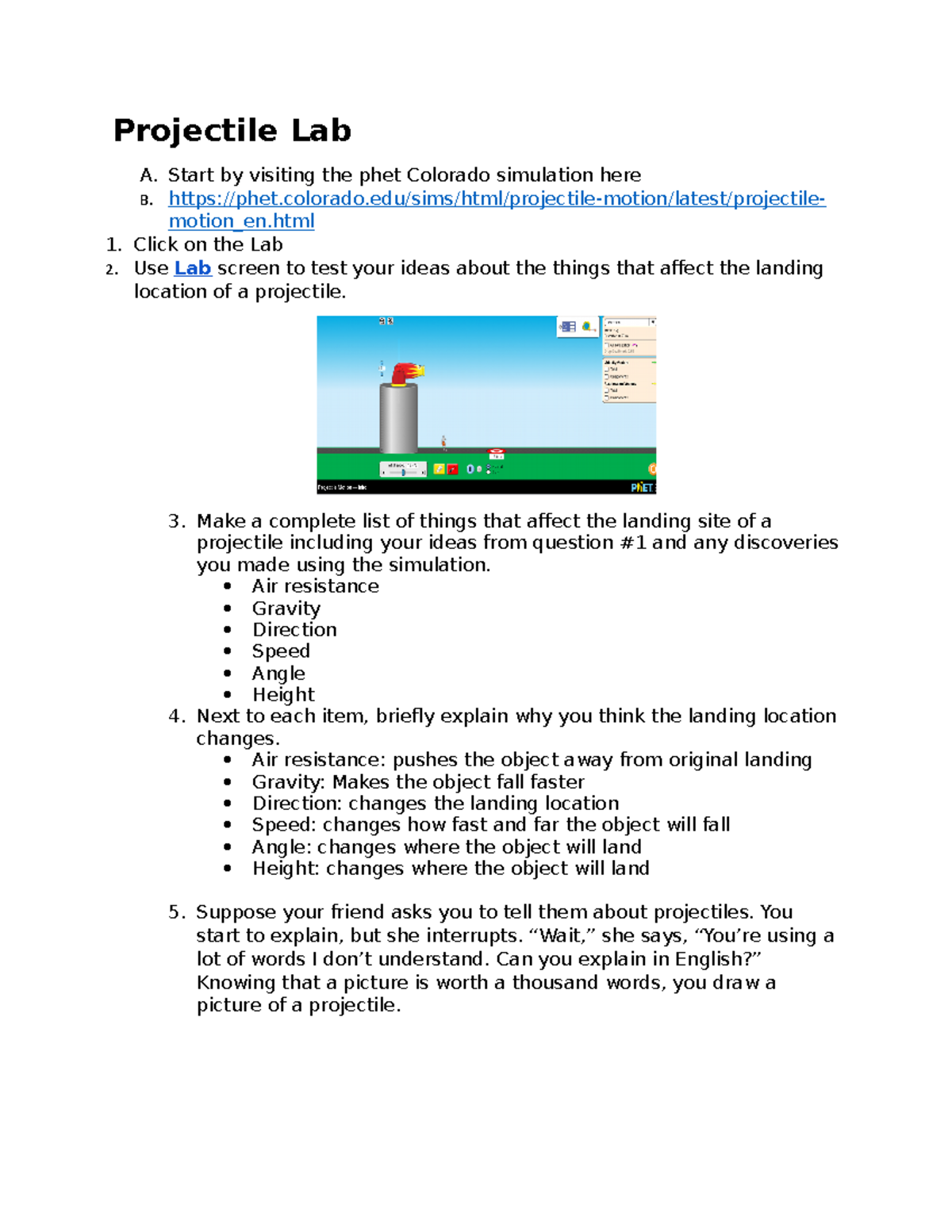 Lab - Abc - Projectile Lab A. Start by visiting the phet Colorado ...