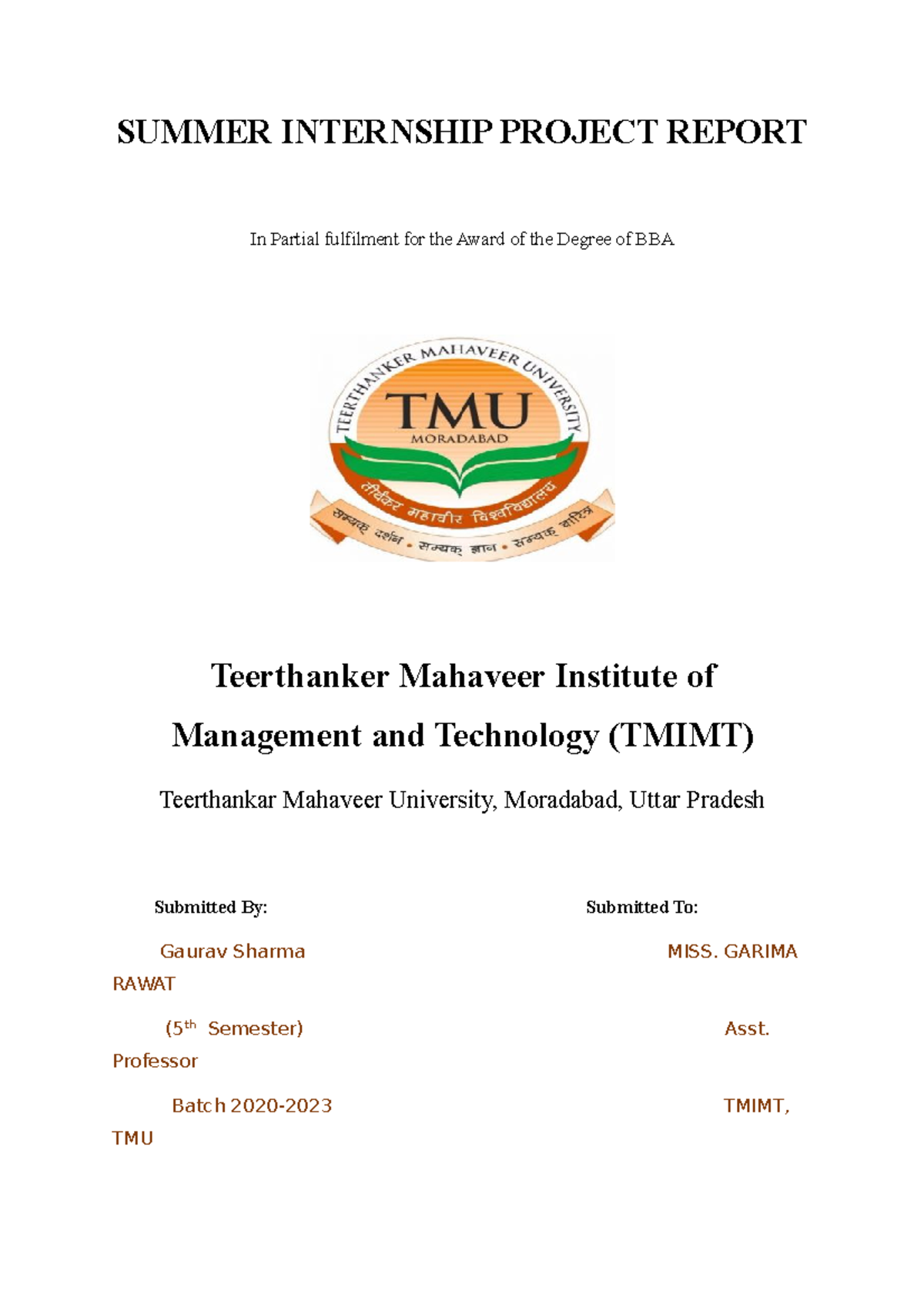 Summer Internship Project Report (BBA 5th Sem) by Gaurav Sharma - Studocu