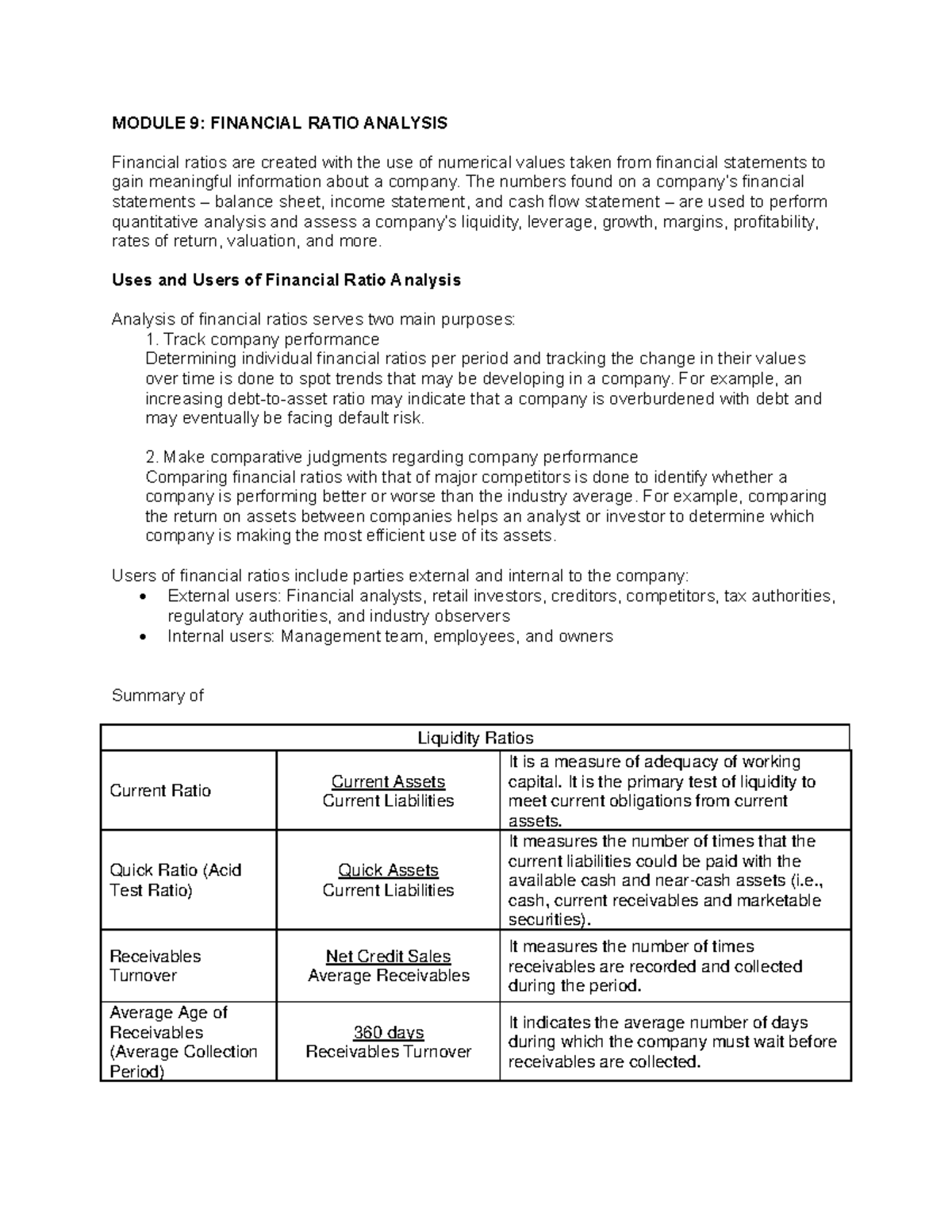 Module 9: Comprehensive Financial Ratio Analysis Overview - Studocu