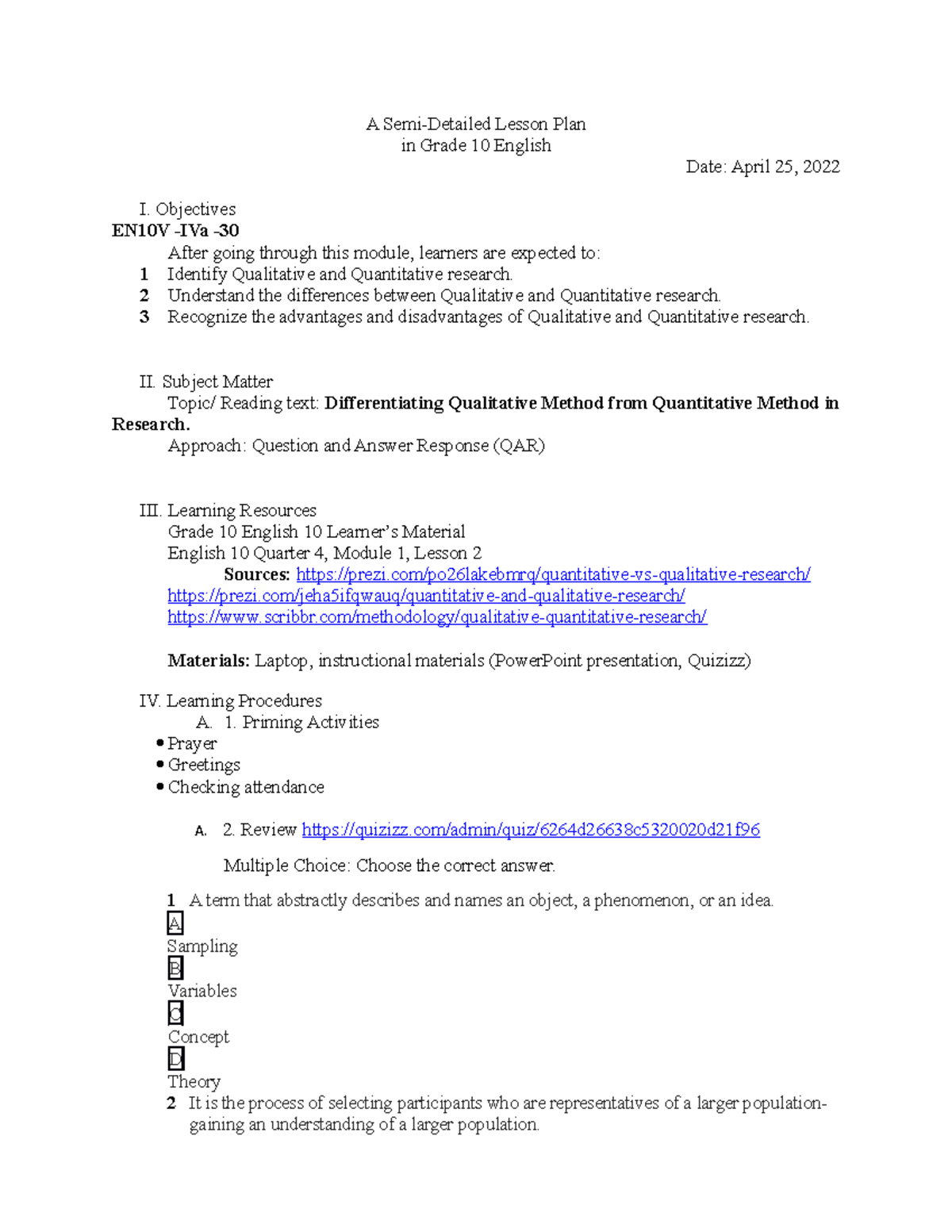 Semi-Detailed Lesson Plan on Qualitative vs Quantitative Research EN10V ...