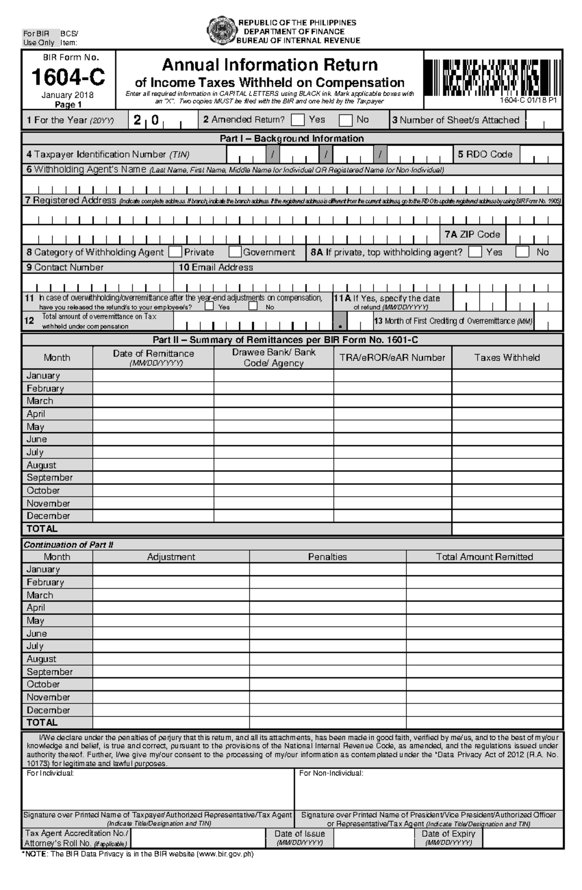 BIR 1604-C Annual Info Return on Withheld Income Tax - Jan 2018 - Studocu