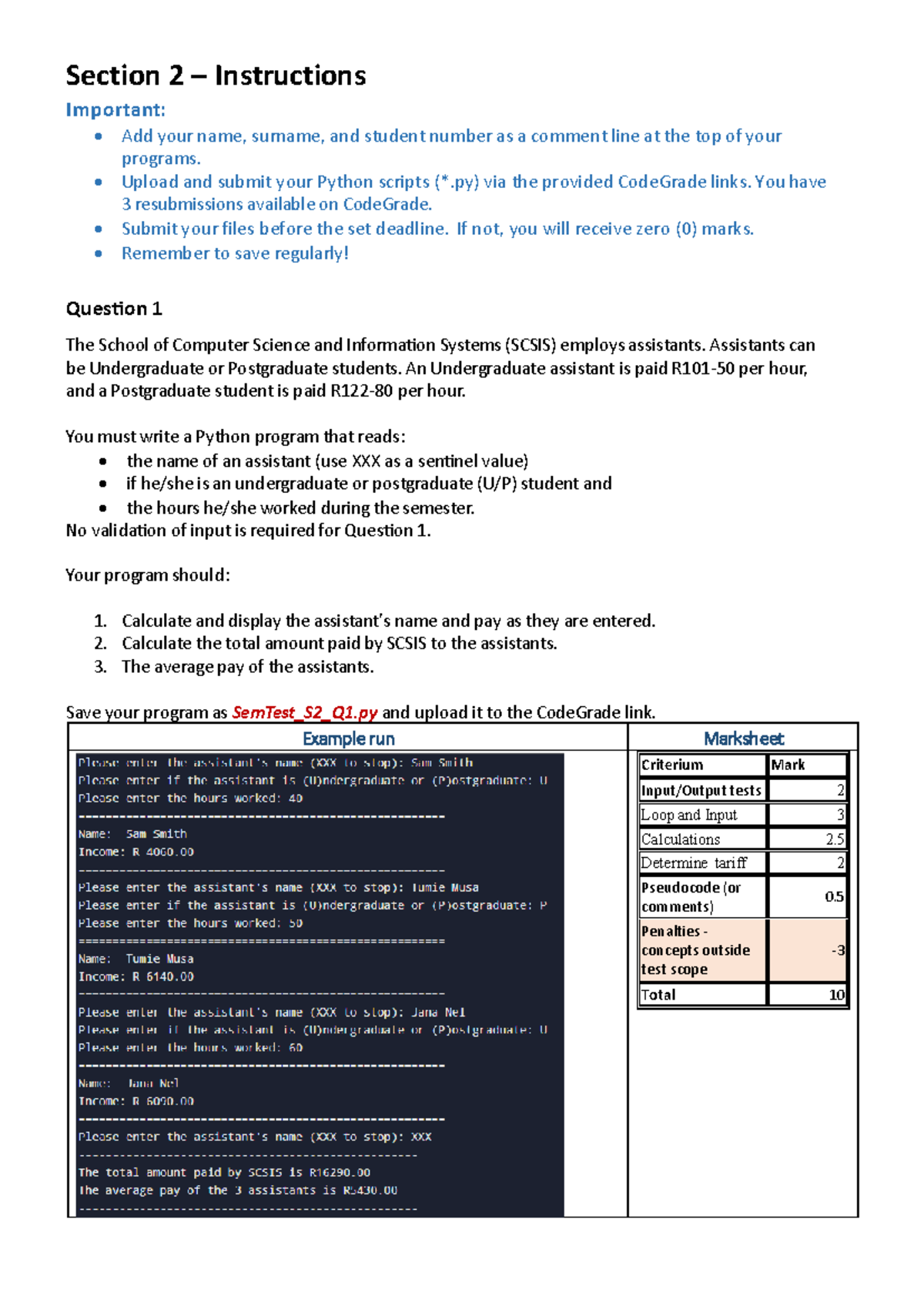 SCSIS SemTest S2 Python Instructions for Programming Tasks - Studocu