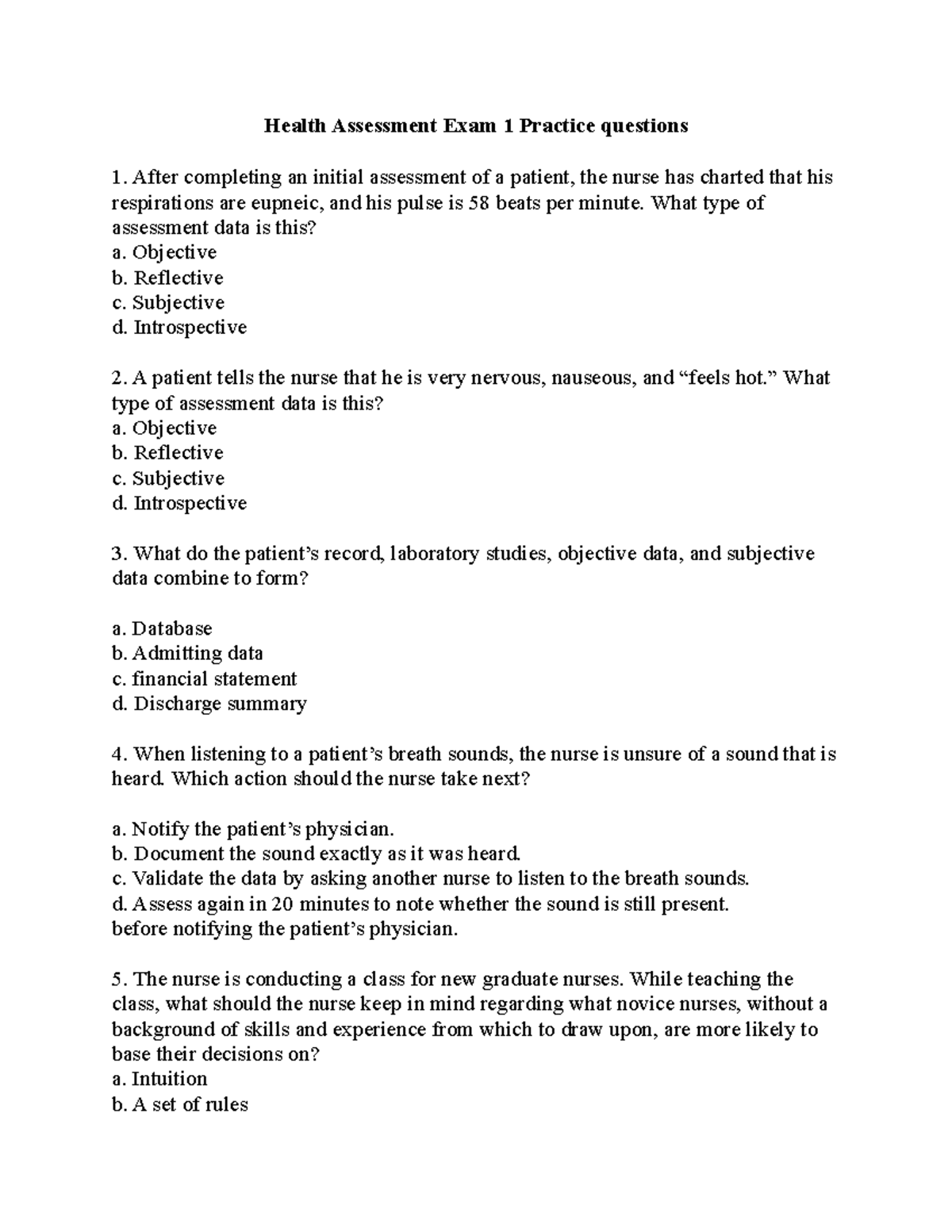 Health Assessment Exam 1 Practice Questions Portfolio - Studocu