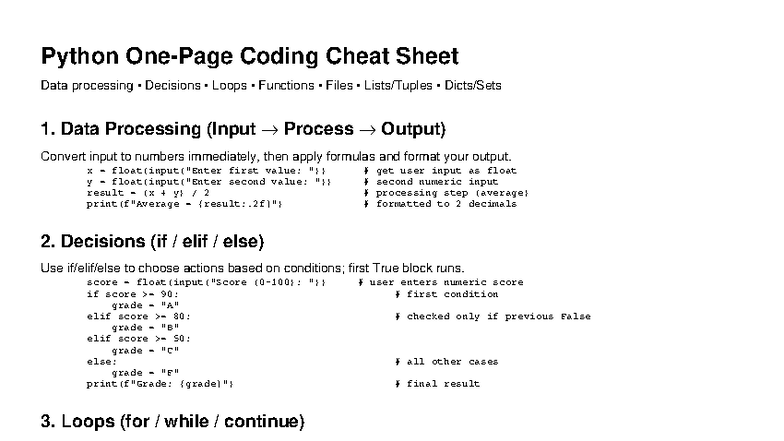 Python Coding Cheat Sheet: Data Processing, Decisions, Loops, Functions ...