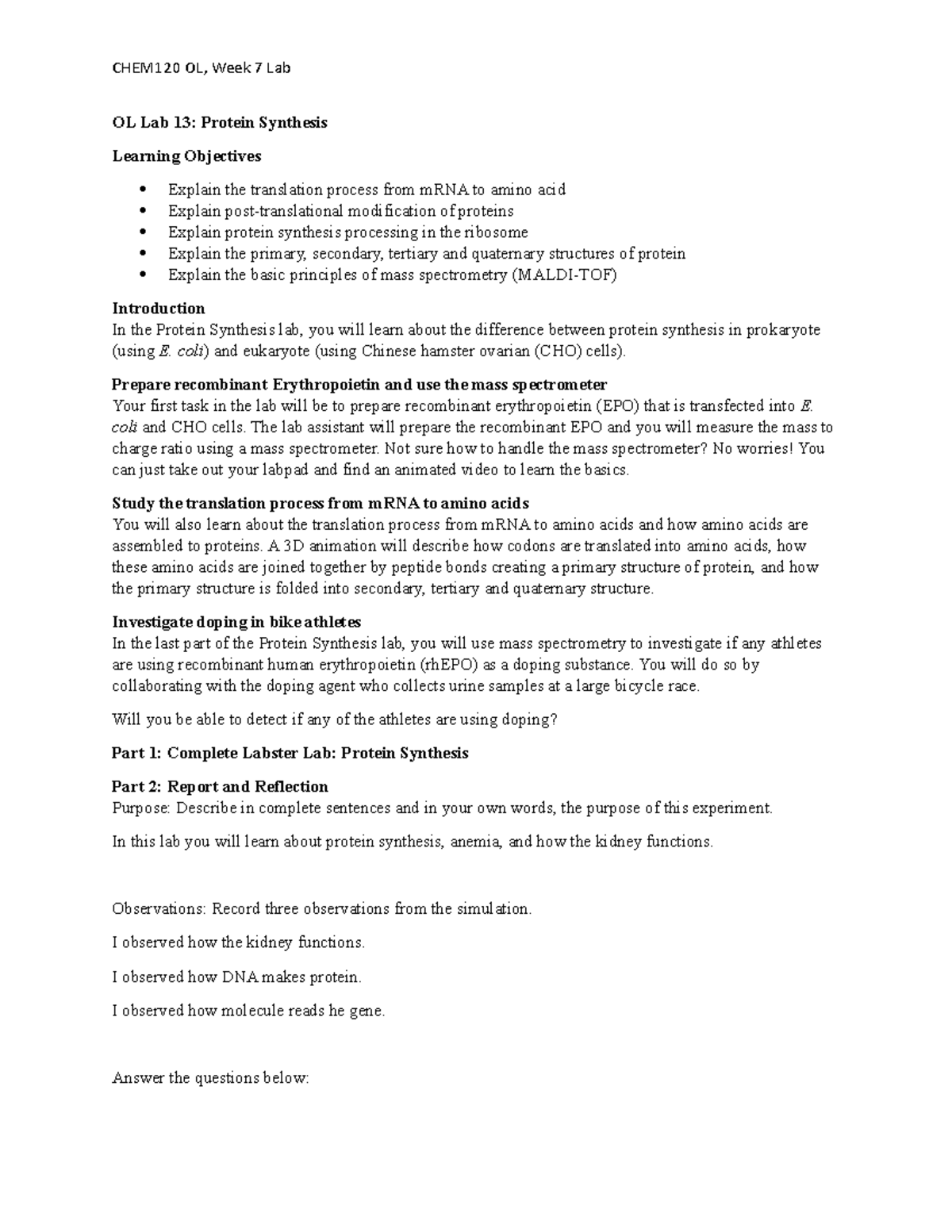 CHEM120 OL Lab 13: Understanding Protein Synthesis Techniques - Studocu