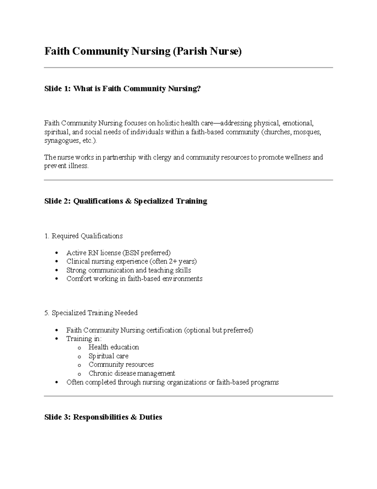 Faith Community Nursing Overview: Roles, Qualifications & Impact - Studocu