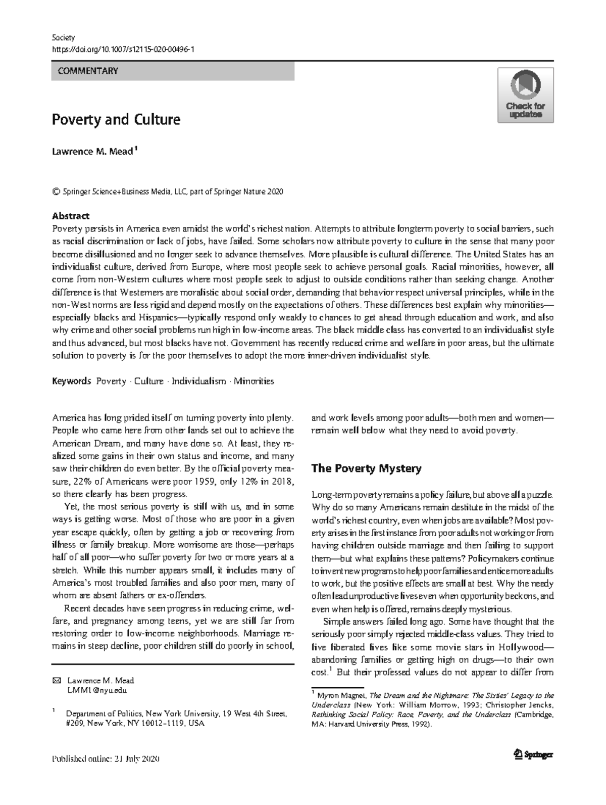 Poverty and Culture: Insights from Lawrence M. Mead's Commentary - Studocu