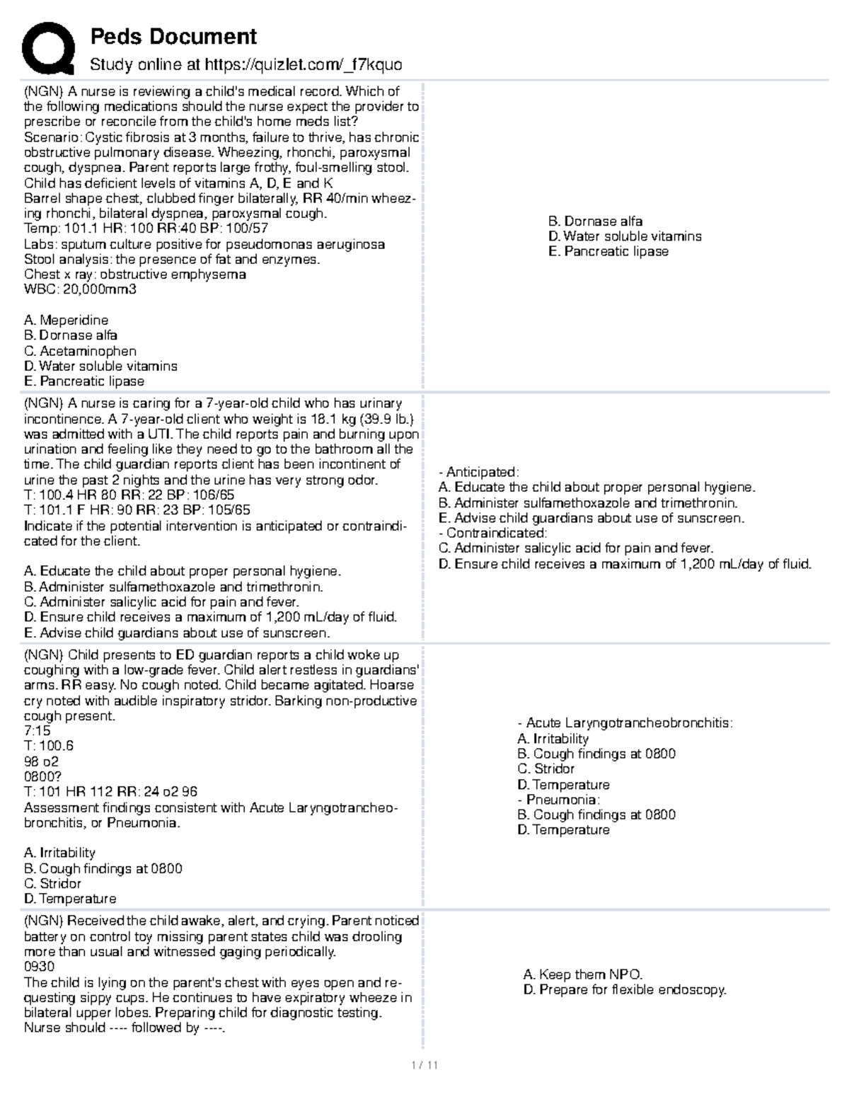 PEDS 2023 - Pediatric Practice Questions and Nursing Scenarios - Studocu