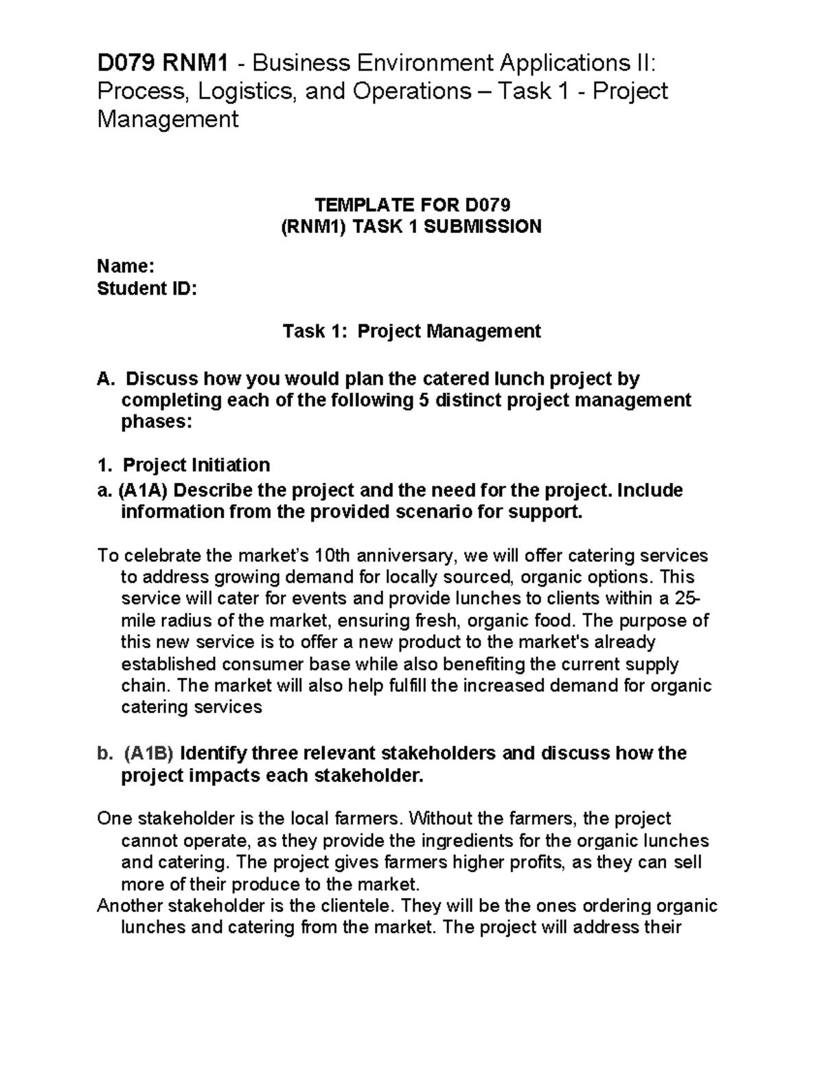 D079 RNM1 Business Environment Applications II: Task 1 Project ...