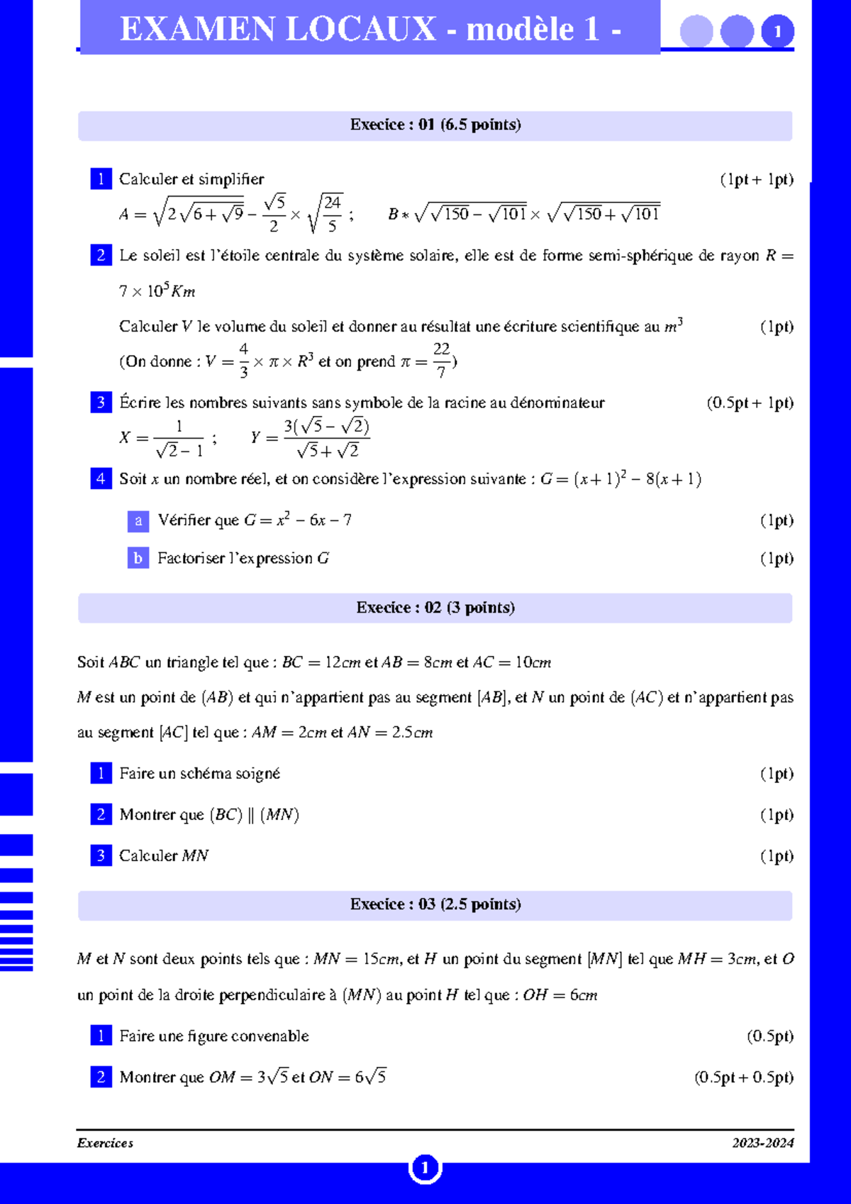 Série d’Exercices de Maths 1AC - Examen Locaux Modèle 1 - 2023/2024 ...