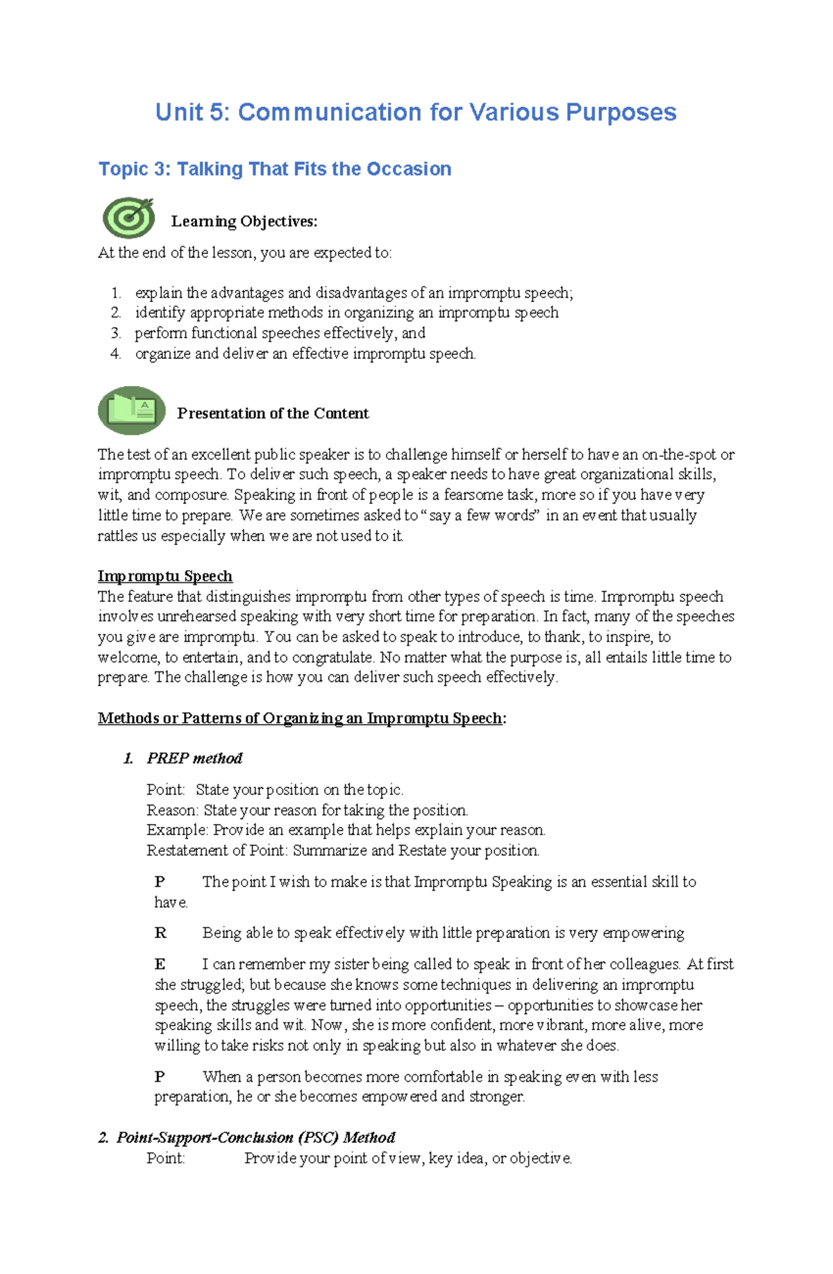 Unit 5 Topic 3: Mastering Impromptu Speech Techniques in English - Studocu