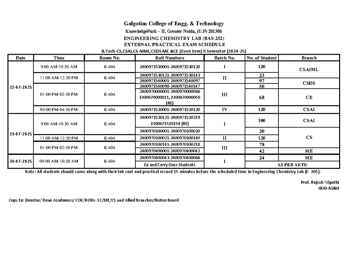 Engineering Chemistry Lab External Practical Exam Schedule AIML, CSDS ...