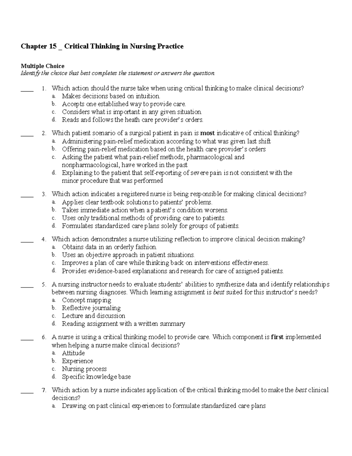 Chapter 15 Nursing Critical Thinking Essentials: MCQs & Answers - Studocu