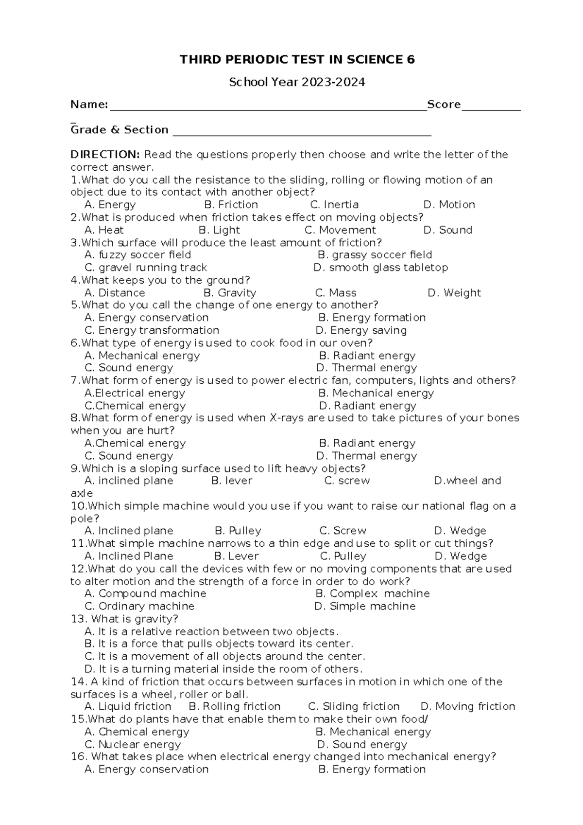 Third Periodic TEST IN Science 6 - THIRD PERIODIC TEST IN SCIENCE 6 ...