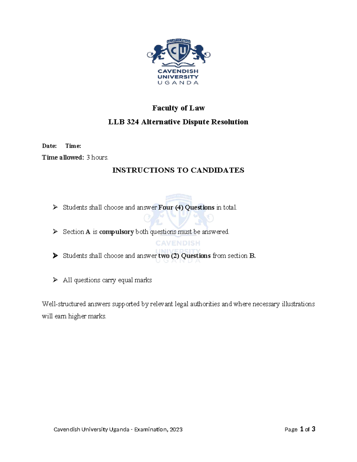 LLB 324 Final Exam: Alternative Dispute Resolution Past Paper 2023 ...